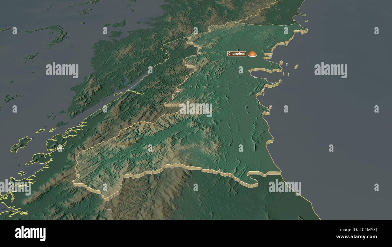 Zoom in on Chumphon (province of Thailand) extruded. Oblique ...