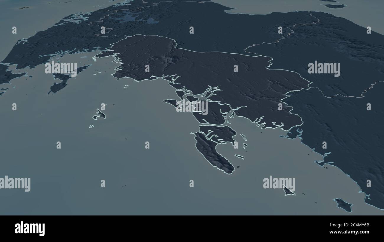 Zoom in on Krabi (province of Thailand) outlined. Oblique perspective ...
