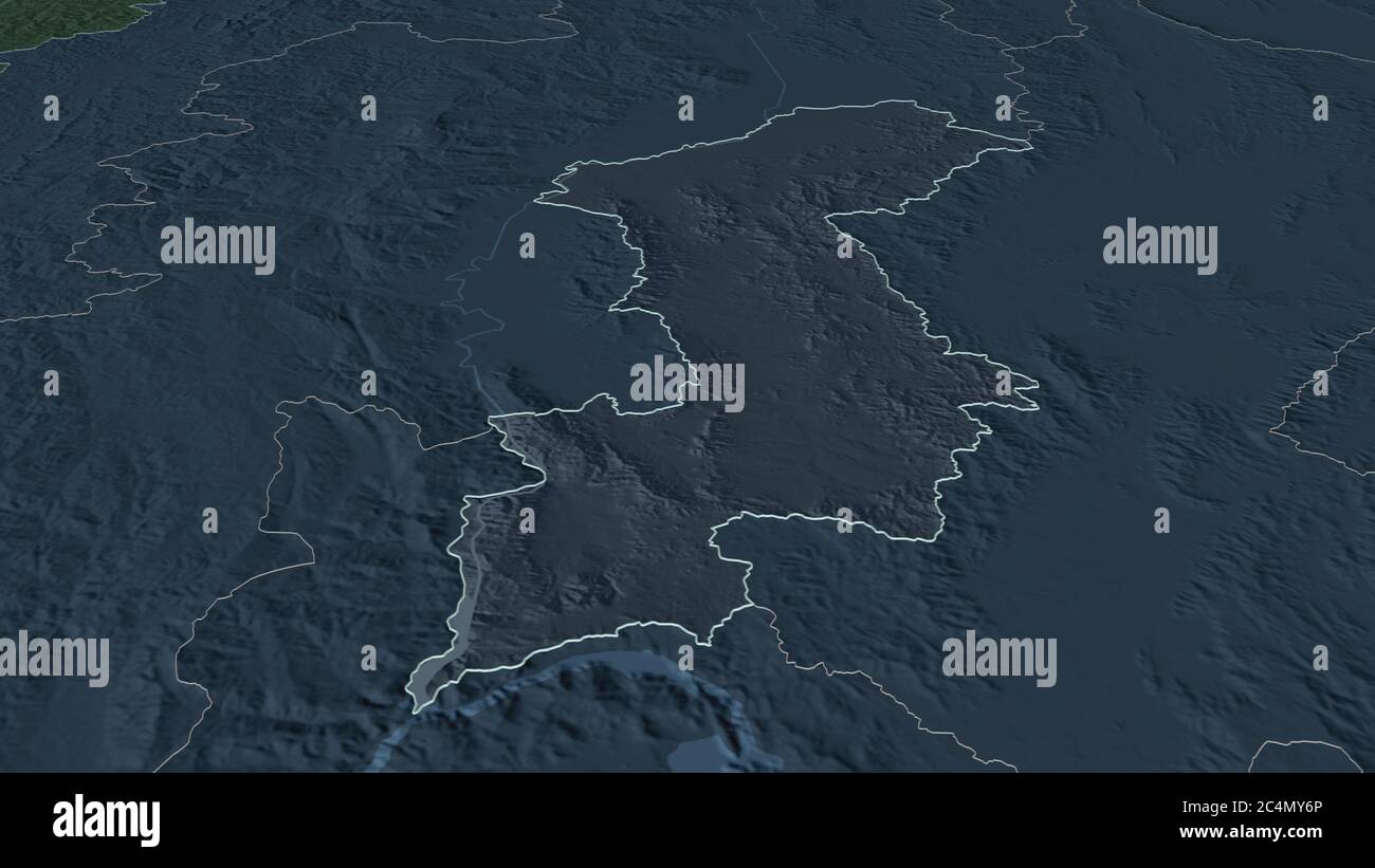 Zoom in on Lamphun (province of Thailand) outlined. Oblique perspective ...