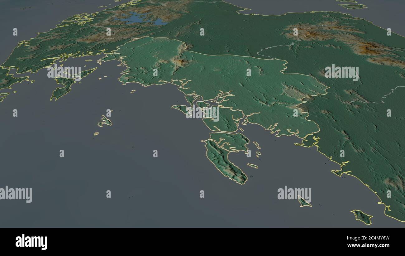 Zoom in on Krabi (province of Thailand) outlined. Oblique perspective ...