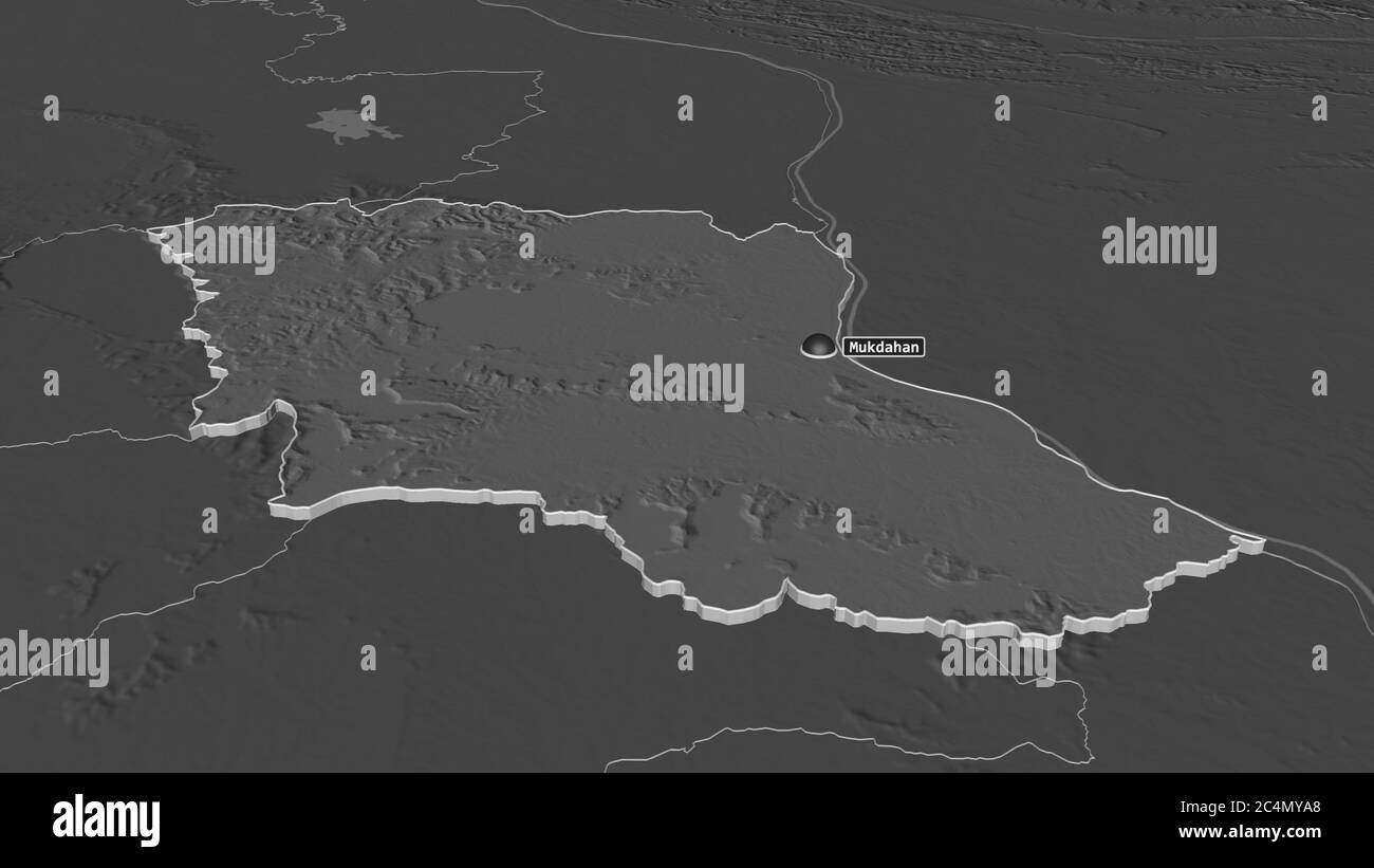 Zoom in on Mukdahan (province of Thailand) extruded. Oblique ...