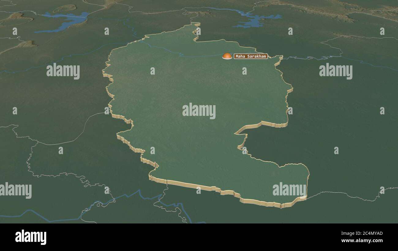 Zoom in on Maha Sarakham (province of Thailand) extruded. Oblique ...