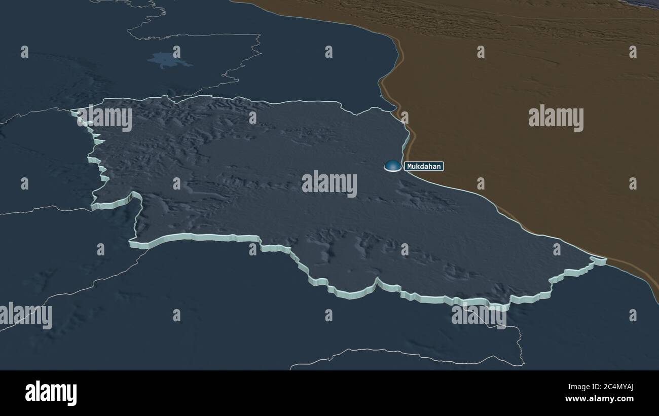 Zoom in on Mukdahan (province of Thailand) extruded. Oblique ...