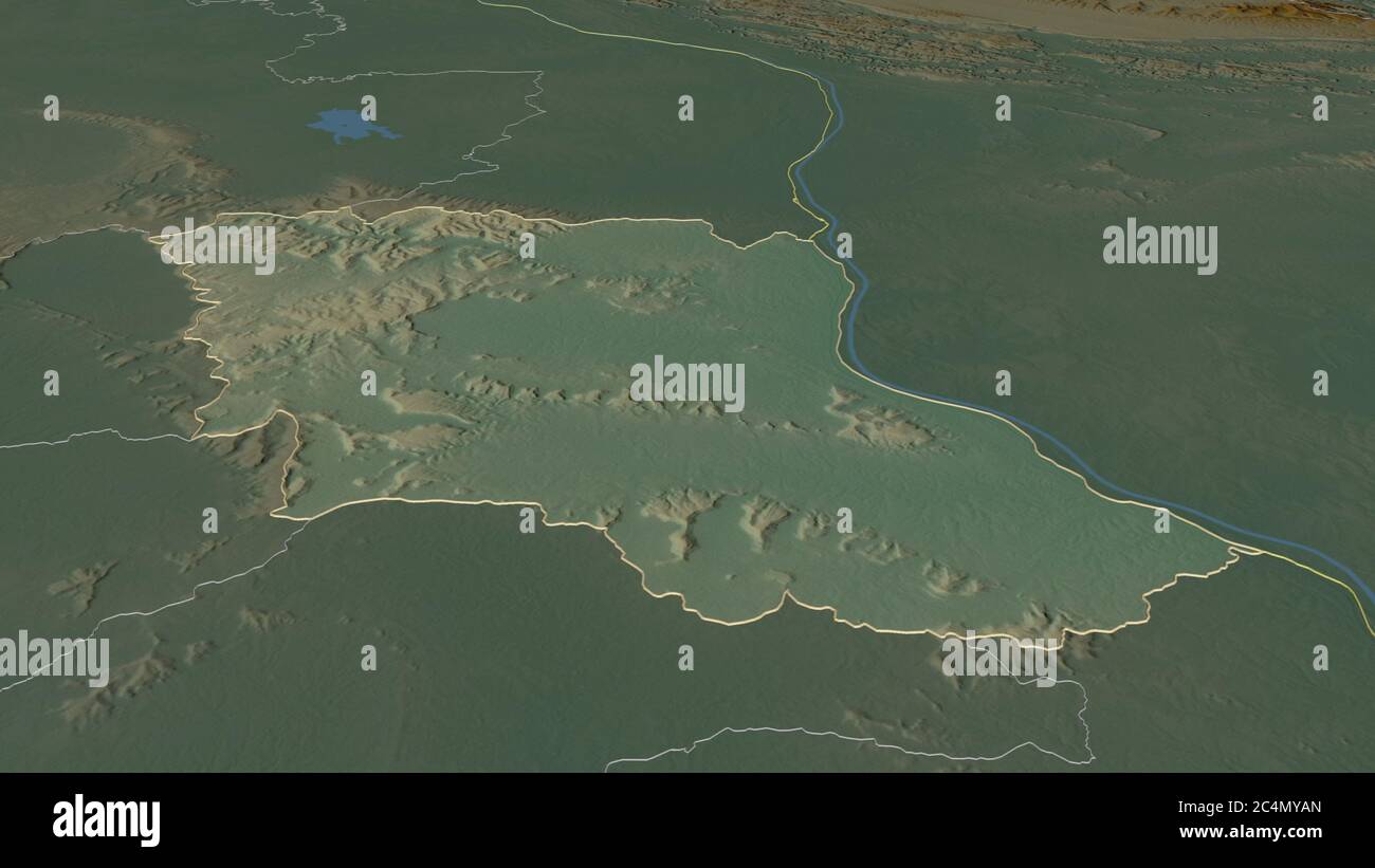 Zoom in on Mukdahan (province of Thailand) outlined. Oblique ...