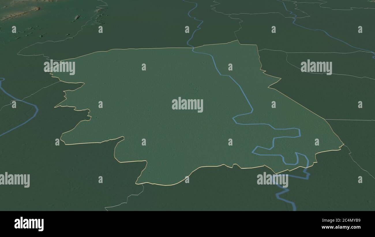 Zoom in on Nakhon Pathom (province of Thailand) outlined. Oblique ...