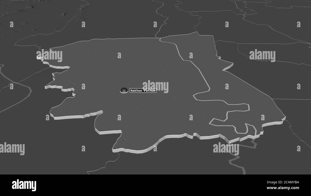 Zoom in on Nakhon Pathom (province of Thailand) extruded. Oblique ...