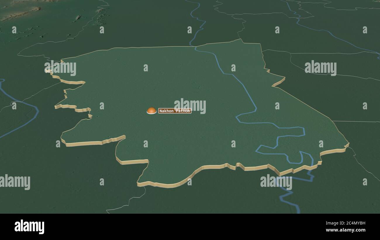 Zoom in on Nakhon Pathom (province of Thailand) extruded. Oblique ...