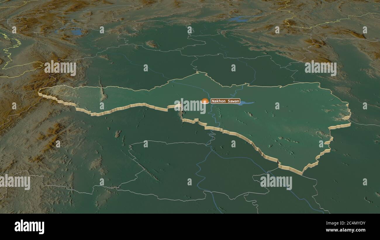 Zoom in on Nakhon Sawan (province of Thailand) extruded. Oblique ...