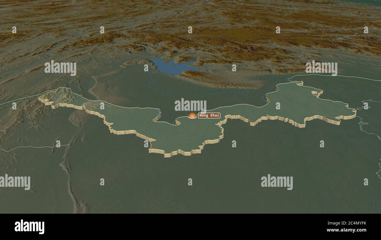 Zoom in on Nong Khai (province of Thailand) extruded. Oblique ...