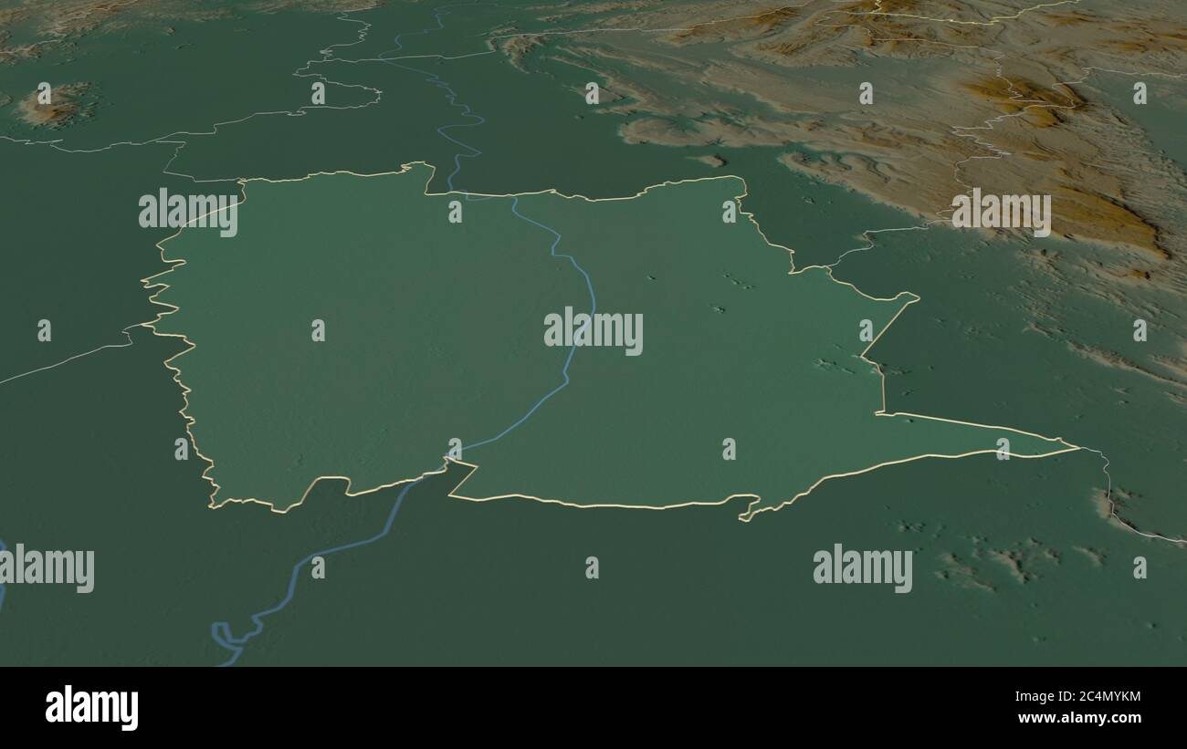 Zoom in on Phichit (province of Thailand) outlined. Oblique perspective ...