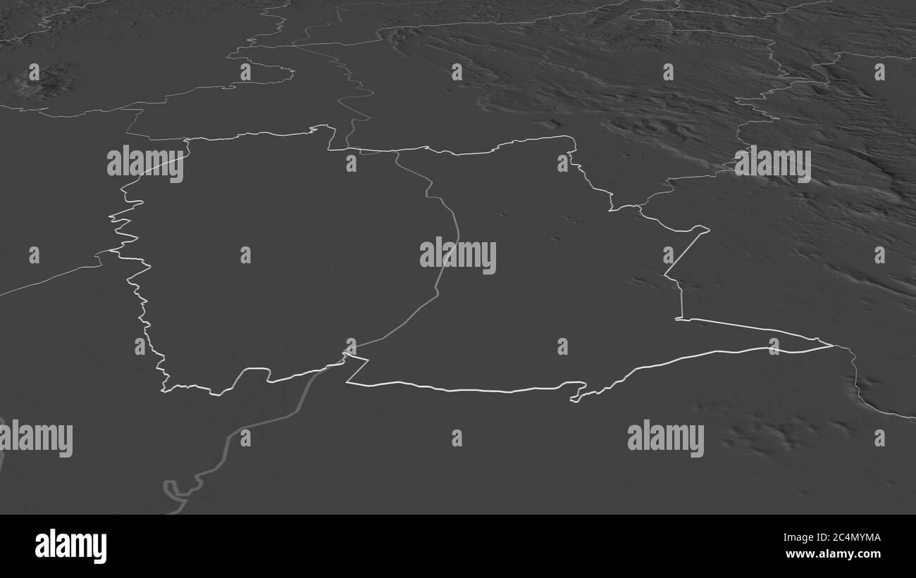 Zoom in on Phichit (province of Thailand) outlined. Oblique perspective ...
