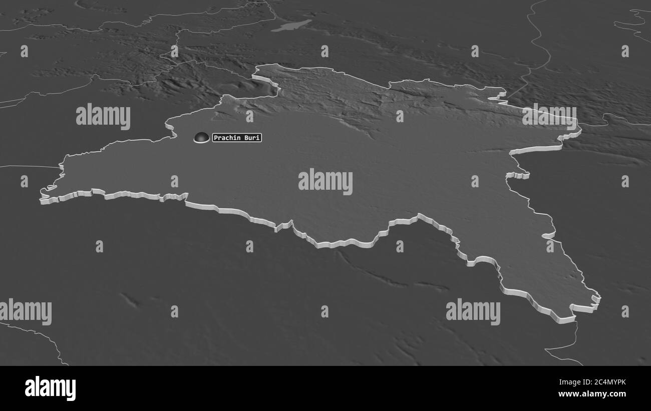 Zoom in on Prachin Buri (province of Thailand) extruded. Oblique ...