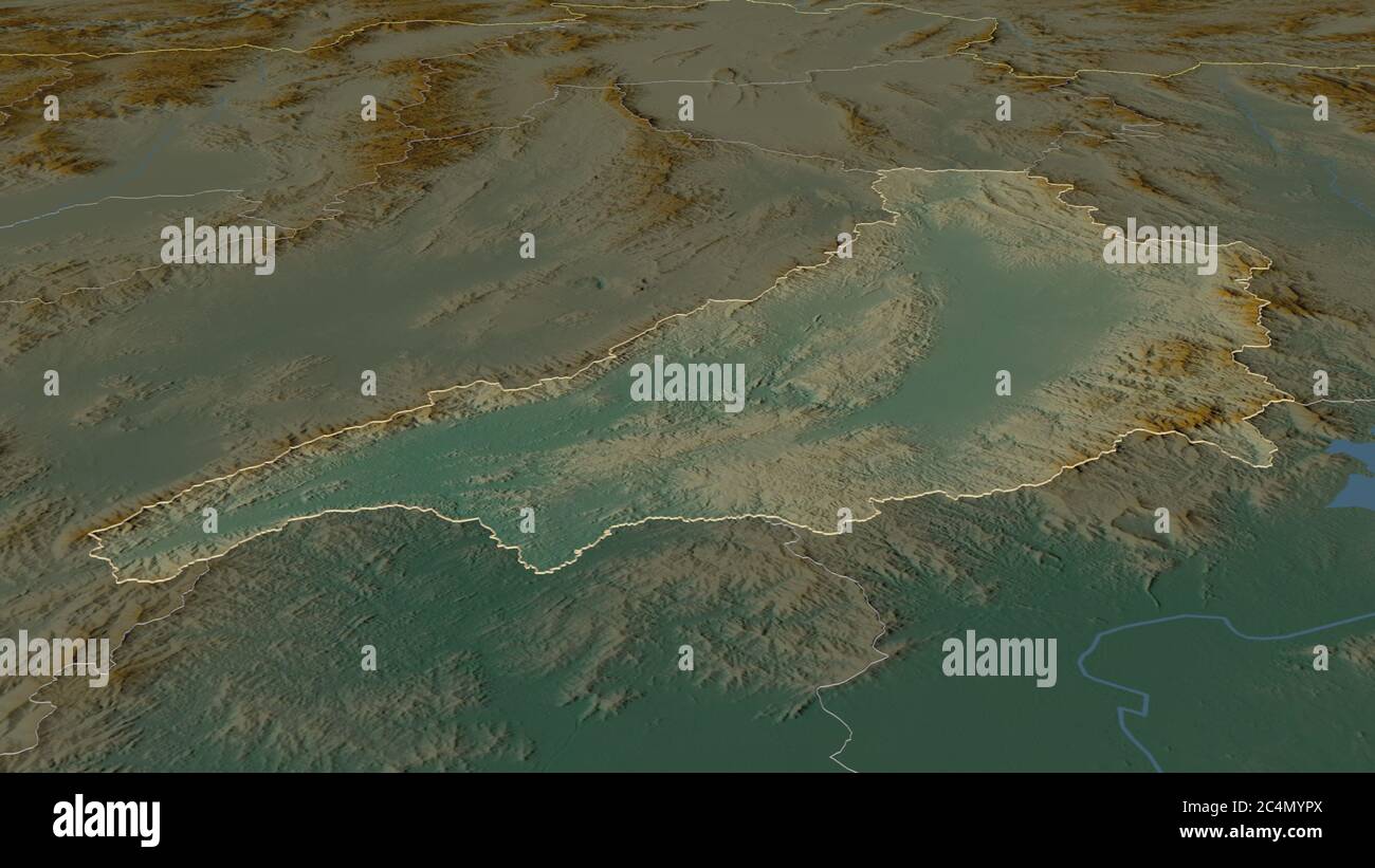 Zoom in on Phrae (province of Thailand) outlined. Oblique perspective ...