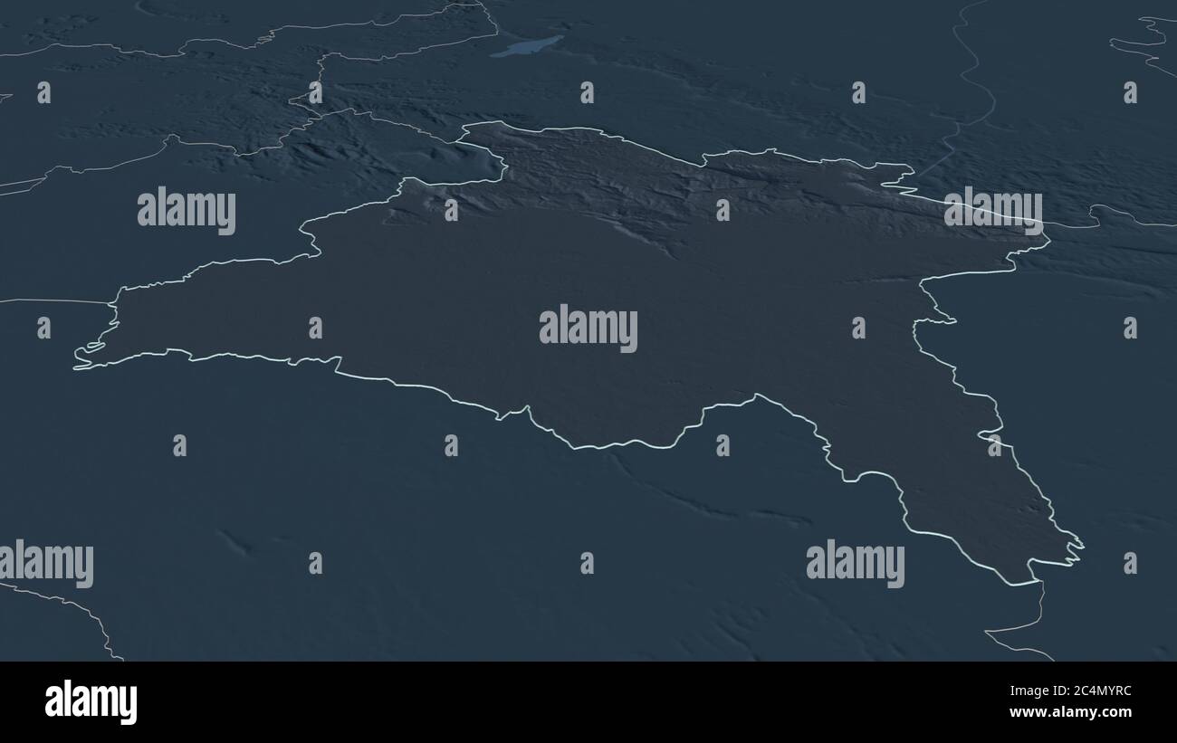 Zoom in on Prachin Buri (province of Thailand) outlined. Oblique ...