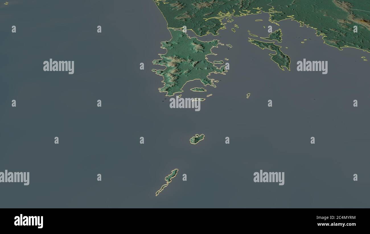 Zoom in on Phuket (province of Thailand) outlined. Oblique perspective ...