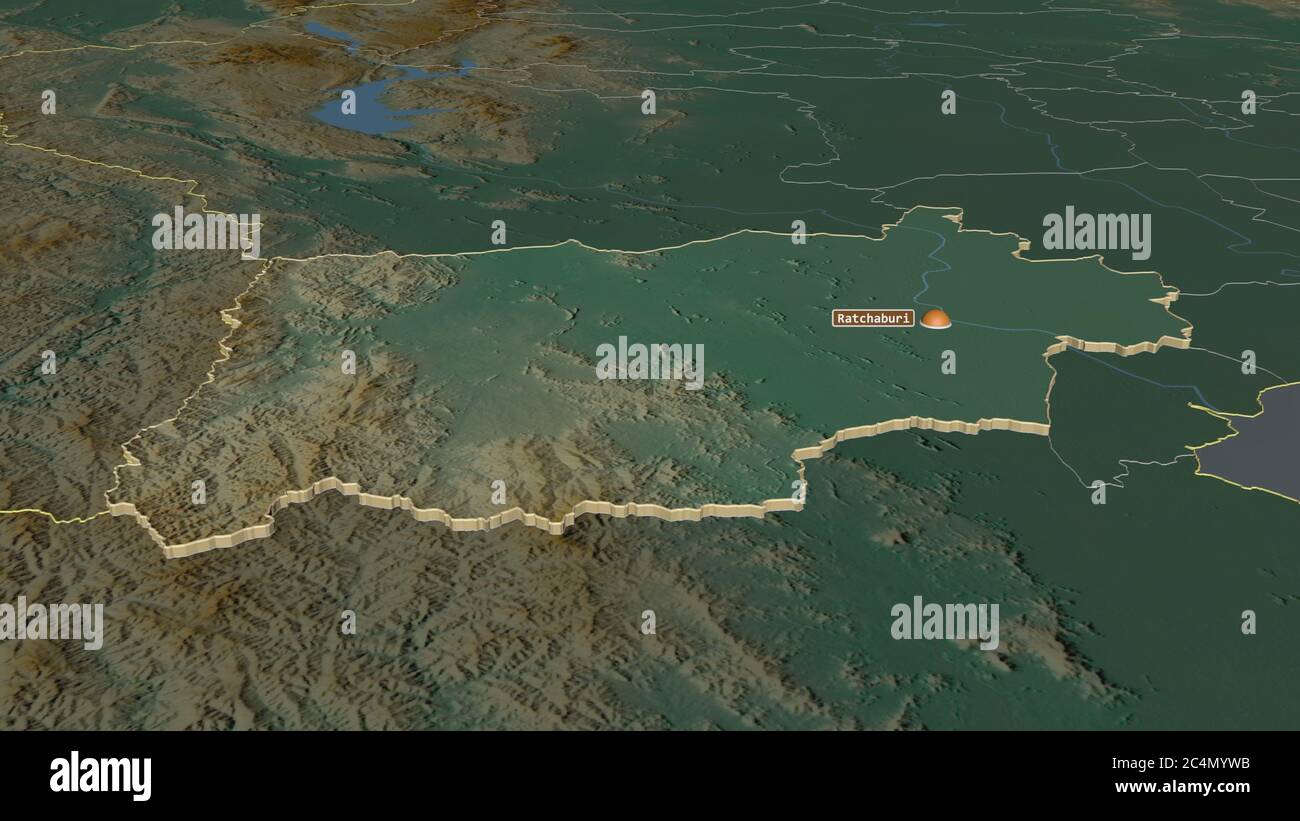 Zoom in on Ratchaburi (province of Thailand) extruded. Oblique ...