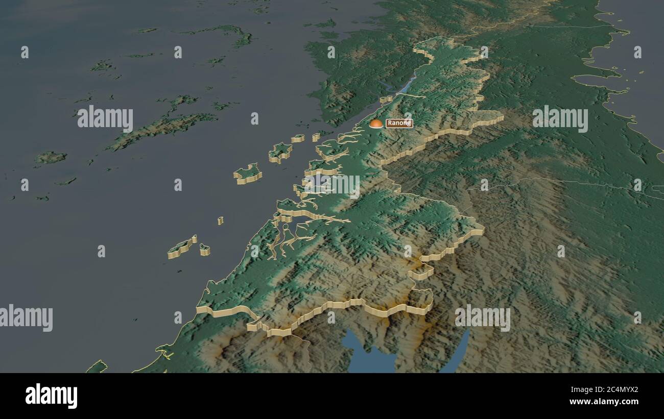 Zoom in on Ranong (province of Thailand) extruded. Oblique perspective ...