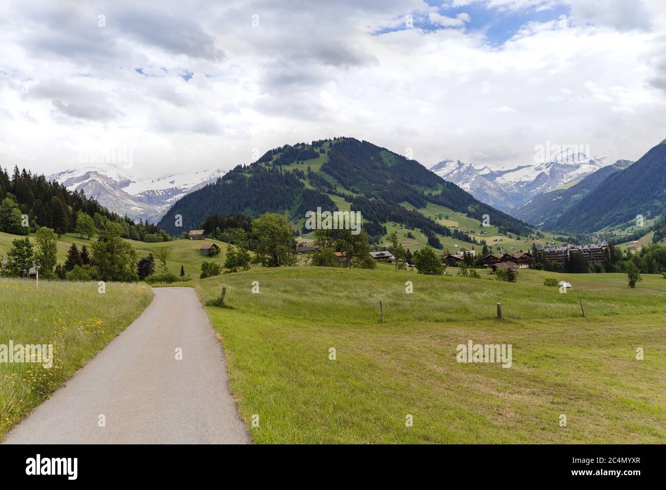 Beautiful pathway in a mountain landscape on a cloudy sky background ...