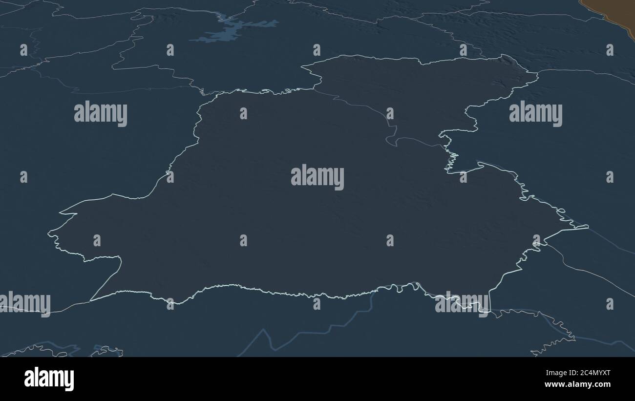 Zoom in on Roi Et (province of Thailand) outlined. Oblique perspective ...