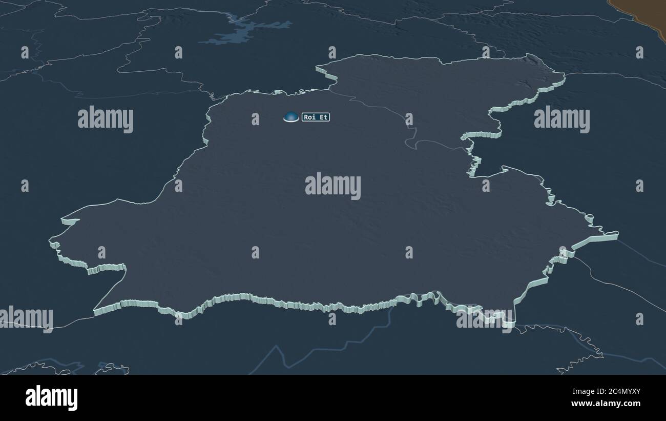 Zoom in on Roi Et (province of Thailand) extruded. Oblique perspective ...