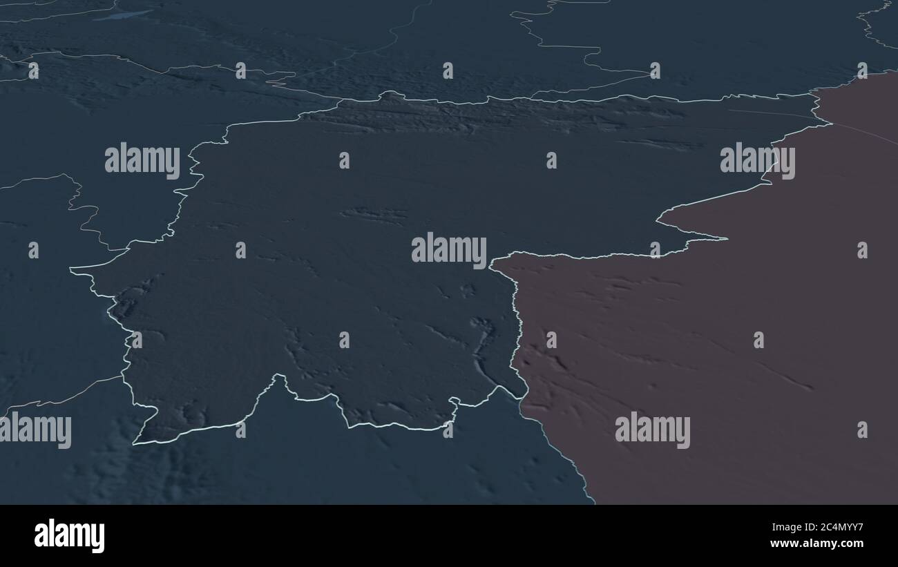 Zoom in on Sa Kaeo (province of Thailand) outlined. Oblique perspective ...
