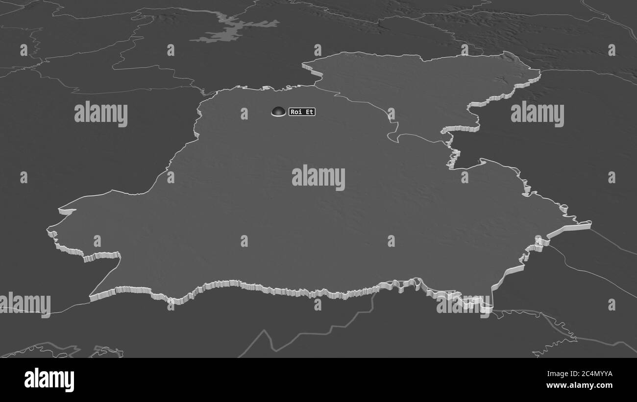 Zoom in on Roi Et (province of Thailand) extruded. Oblique perspective ...