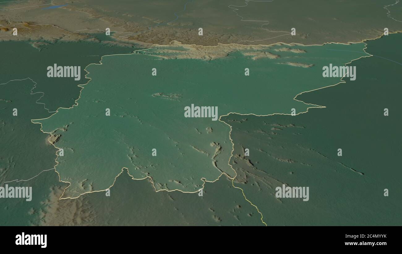 Zoom in on Sa Kaeo (province of Thailand) outlined. Oblique perspective ...