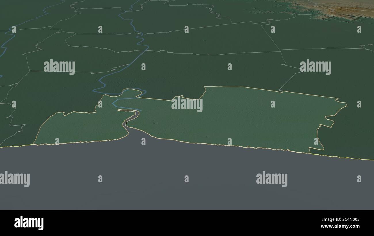 Zoom in on Samut Prakan (province of Thailand) outlined. Oblique ...