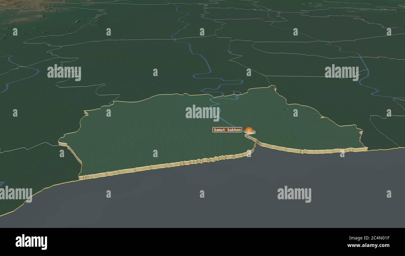 Zoom in on Samut Sakhon (province of Thailand) extruded. Oblique ...