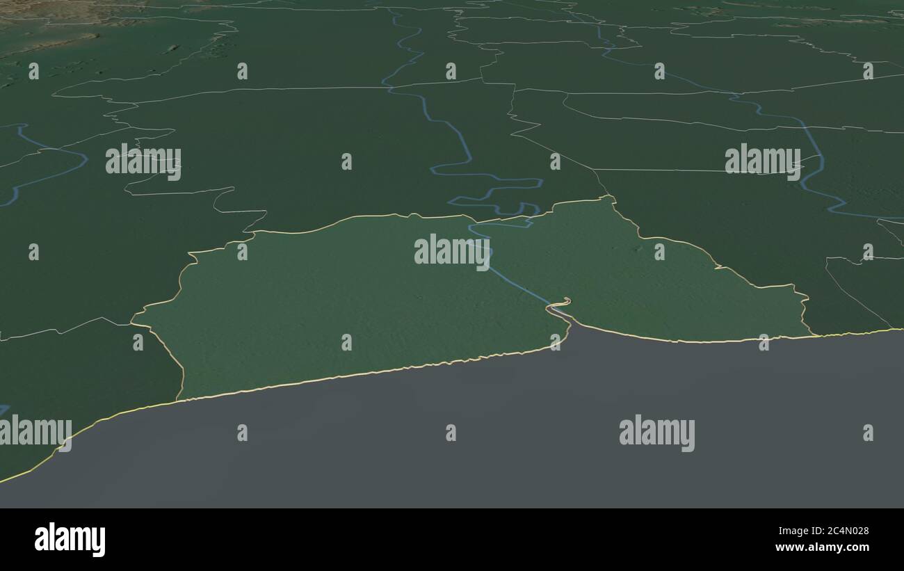 Zoom in on Samut Sakhon (province of Thailand) outlined. Oblique ...
