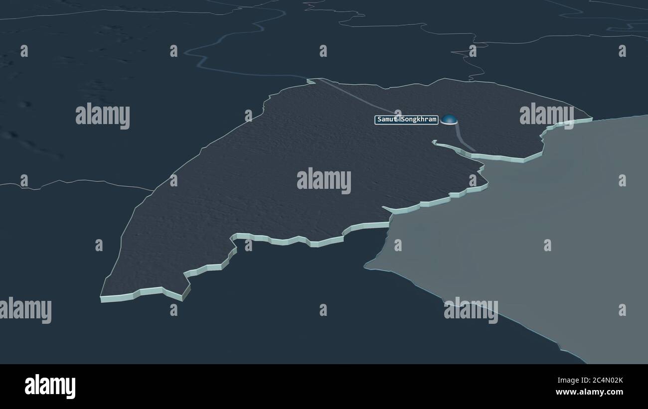 Zoom in on Samut Songkhram (province of Thailand) extruded. Oblique ...
