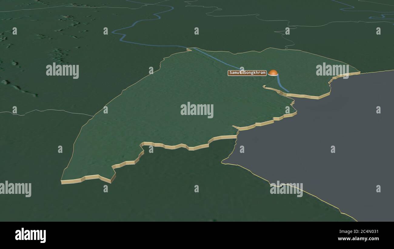 Zoom in on Samut Songkhram (province of Thailand) extruded. Oblique ...