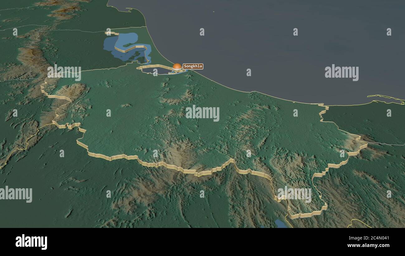 Zoom in on Songkhla (province of Thailand) extruded. Oblique ...
