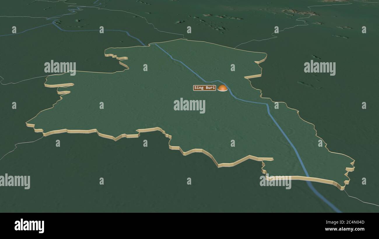 Zoom in on Sing Buri (province of Thailand) extruded. Oblique ...