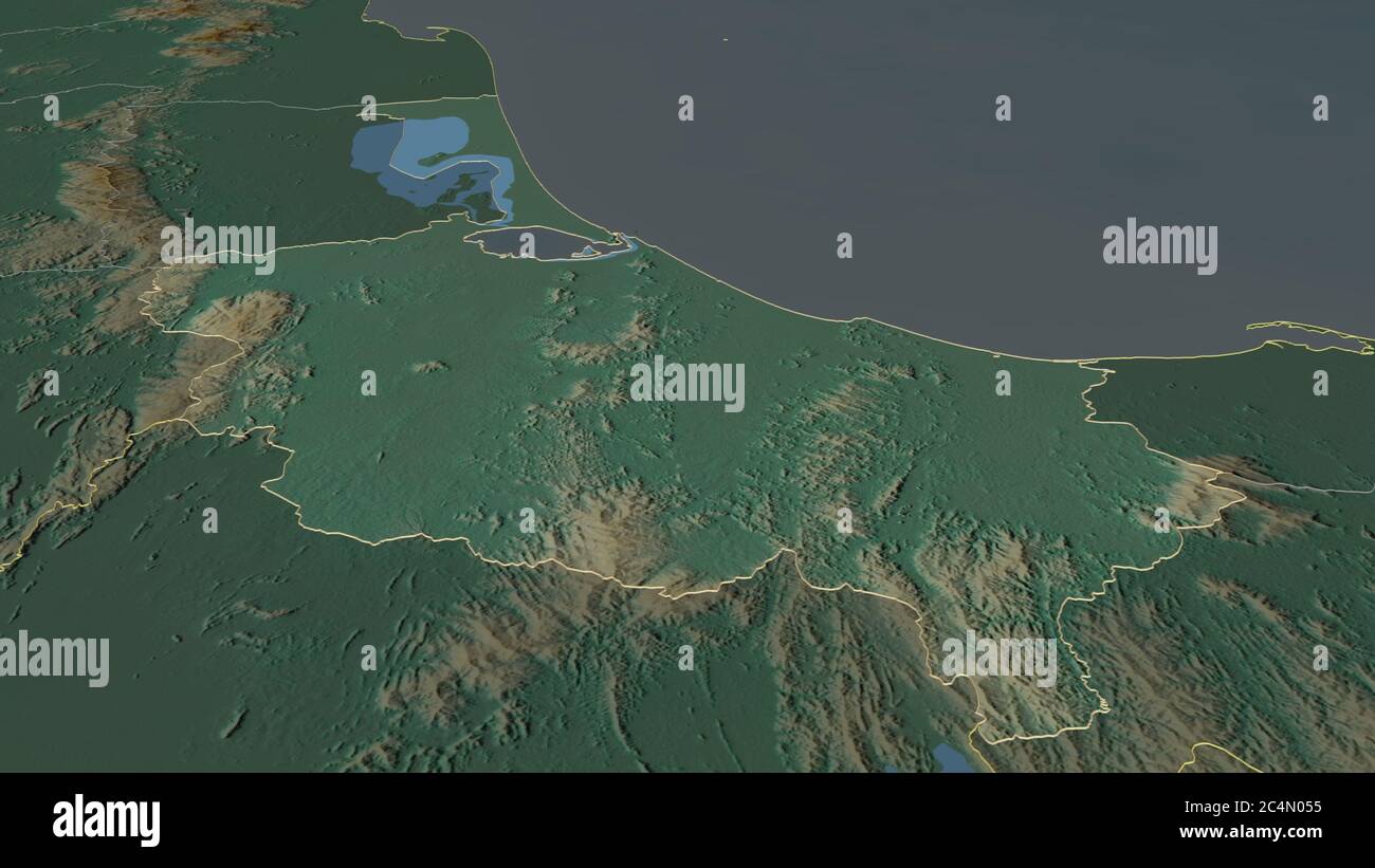 Zoom in on Songkhla (province of Thailand) outlined. Oblique ...