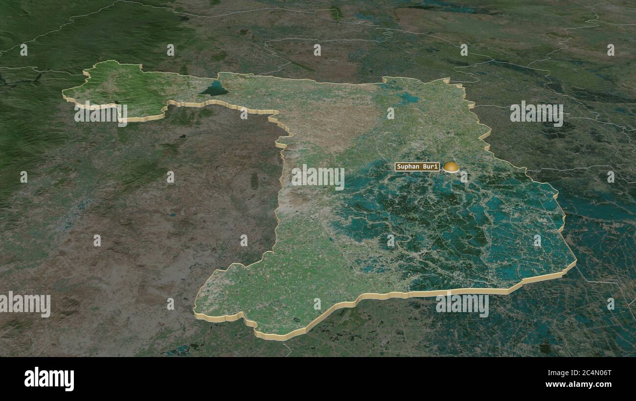 Zoom in on Suphan Buri (province of Thailand) extruded. Oblique ...