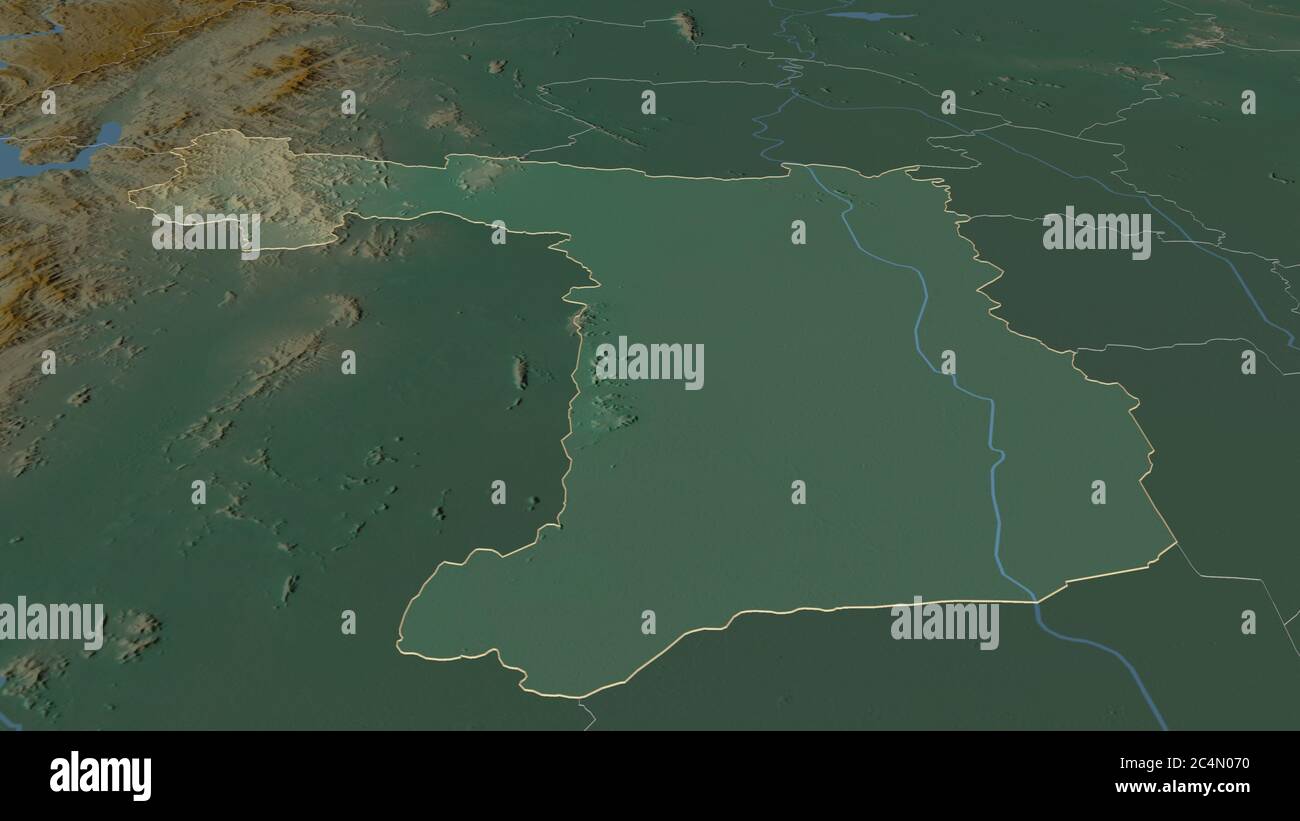 Zoom in on Suphan Buri (province of Thailand) outlined. Oblique ...