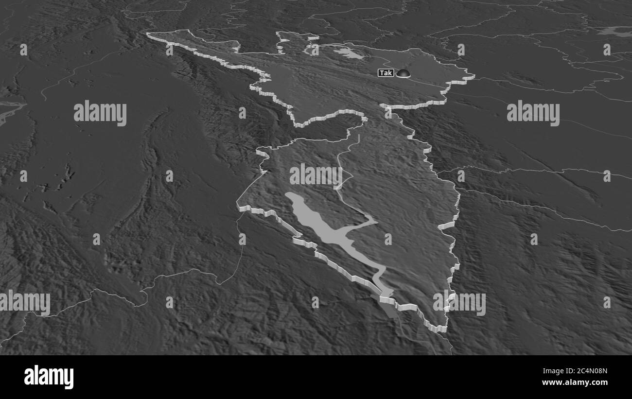 Zoom in on Tak (province of Thailand) extruded. Oblique perspective ...