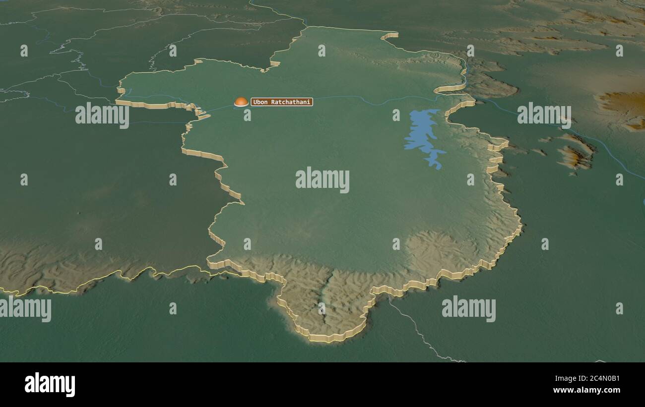 Zoom in on Ubon Ratchathani (province of Thailand) extruded. Oblique ...