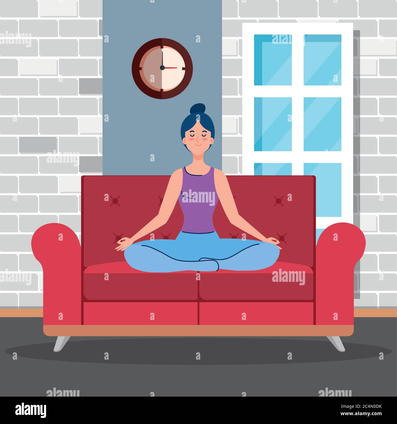 stay home, be safe, woman meditating in the living room, sitting in ...