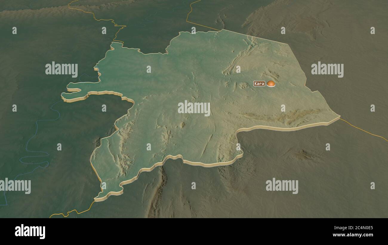Zoom in on Kara (region of Togo) extruded. Oblique perspective ...