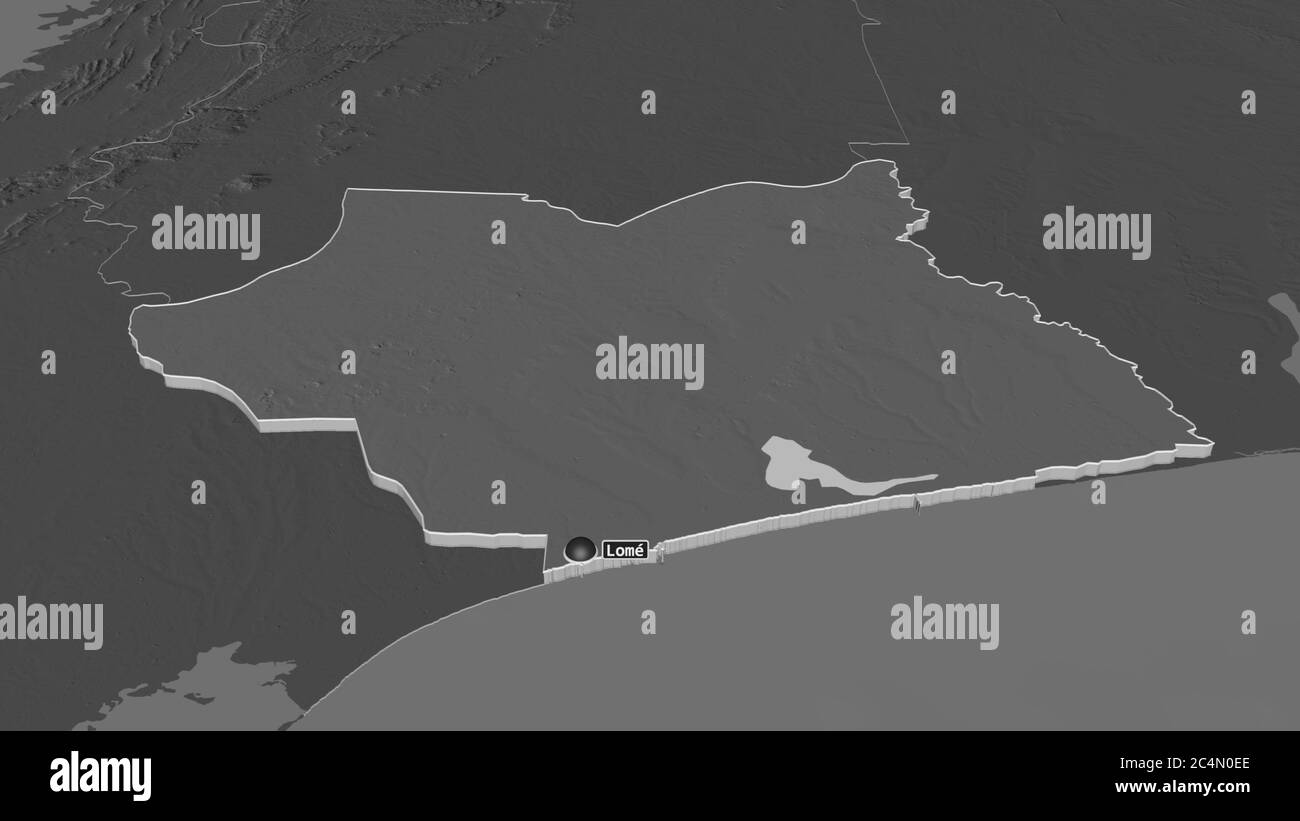 Zoom in on Maritime (region of Togo) extruded. Oblique perspective ...