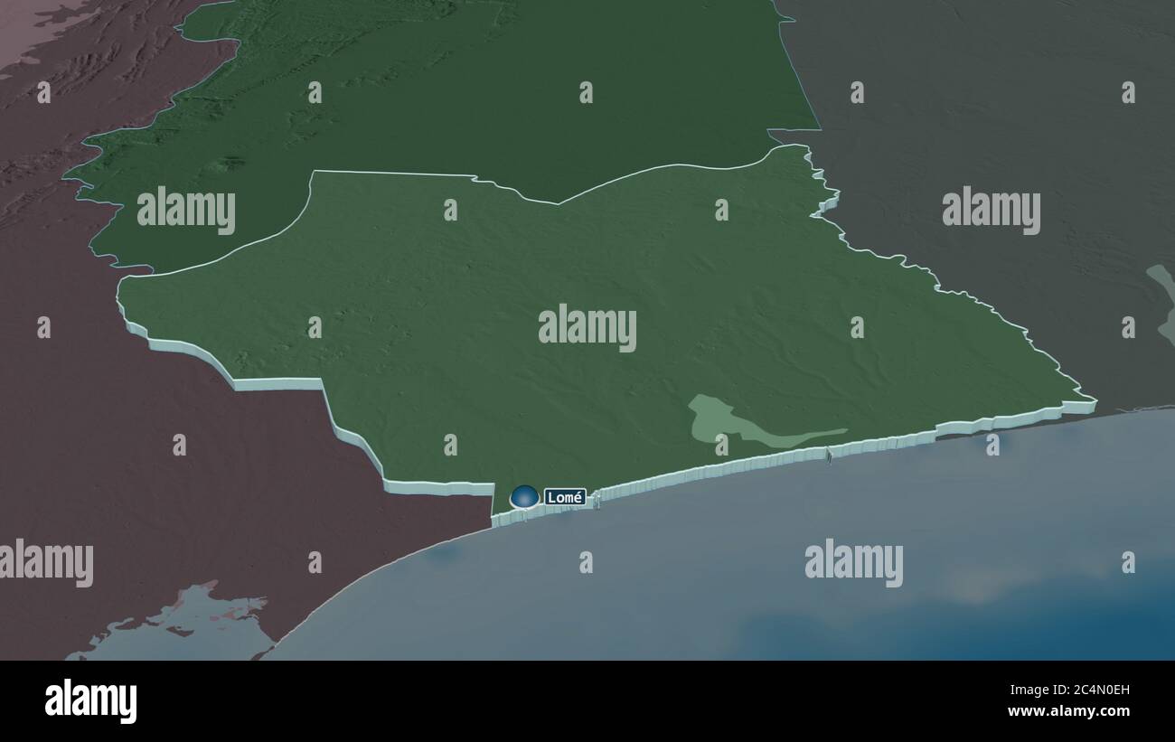 Zoom in on Maritime (region of Togo) extruded. Oblique perspective ...