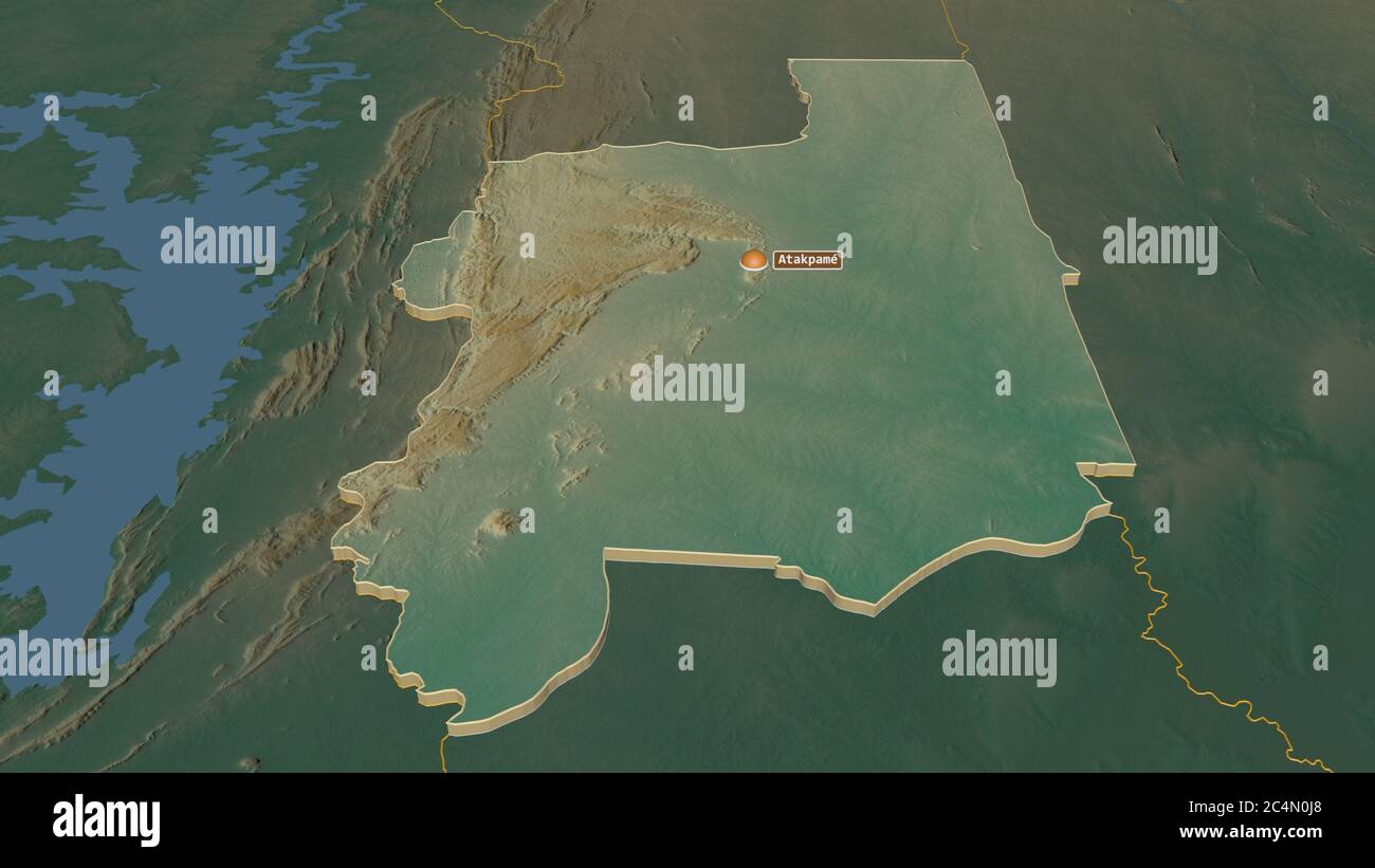 Zoom in on Plateaux (region of Togo) extruded. Oblique perspective ...