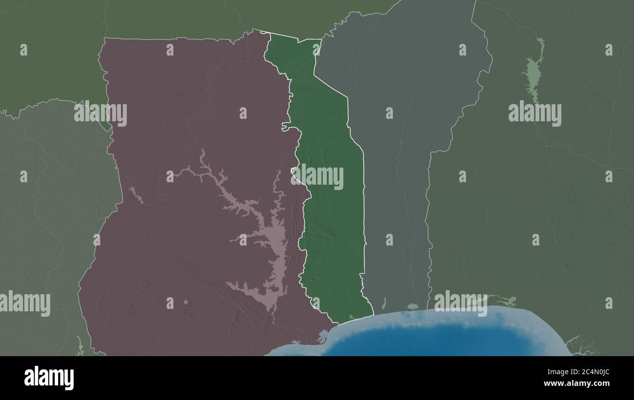 Outlined shape of the Togo area. Colored and bumped map of the ...