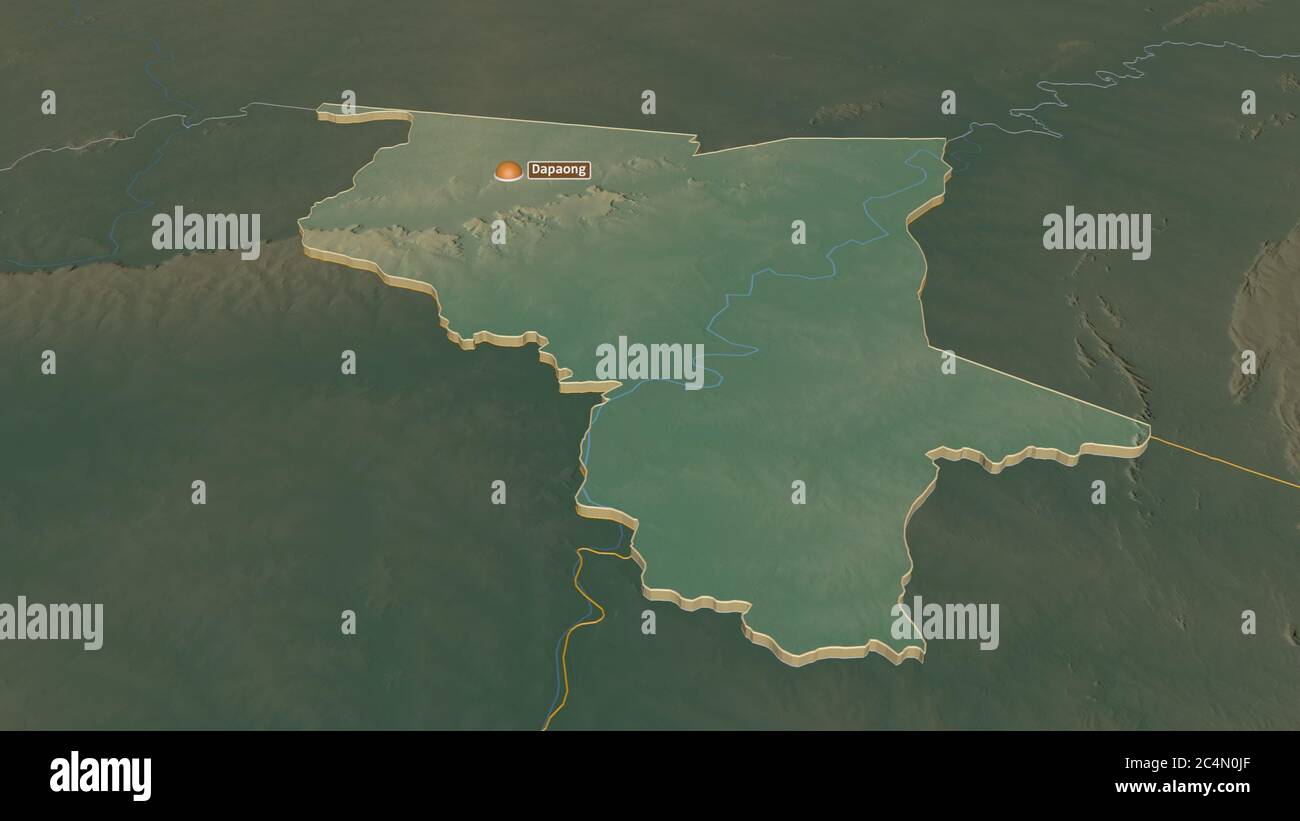 Zoom in on Savanes (region of Togo) extruded. Oblique perspective ...