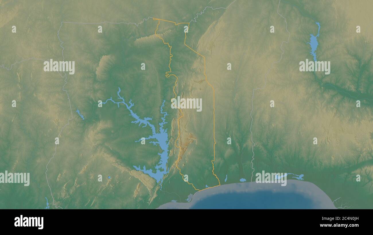 Outlined shape of the Togo area. Topographic relief map with surface ...
