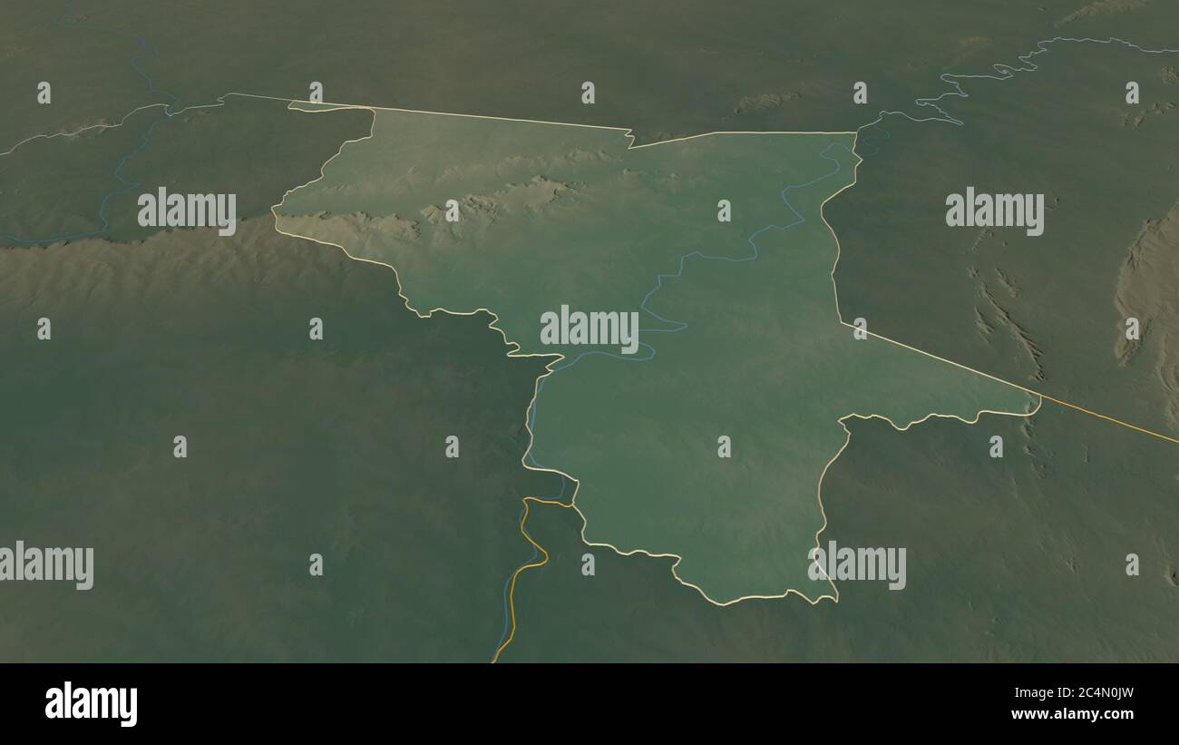 Zoom in on Savanes (region of Togo) outlined. Oblique perspective ...