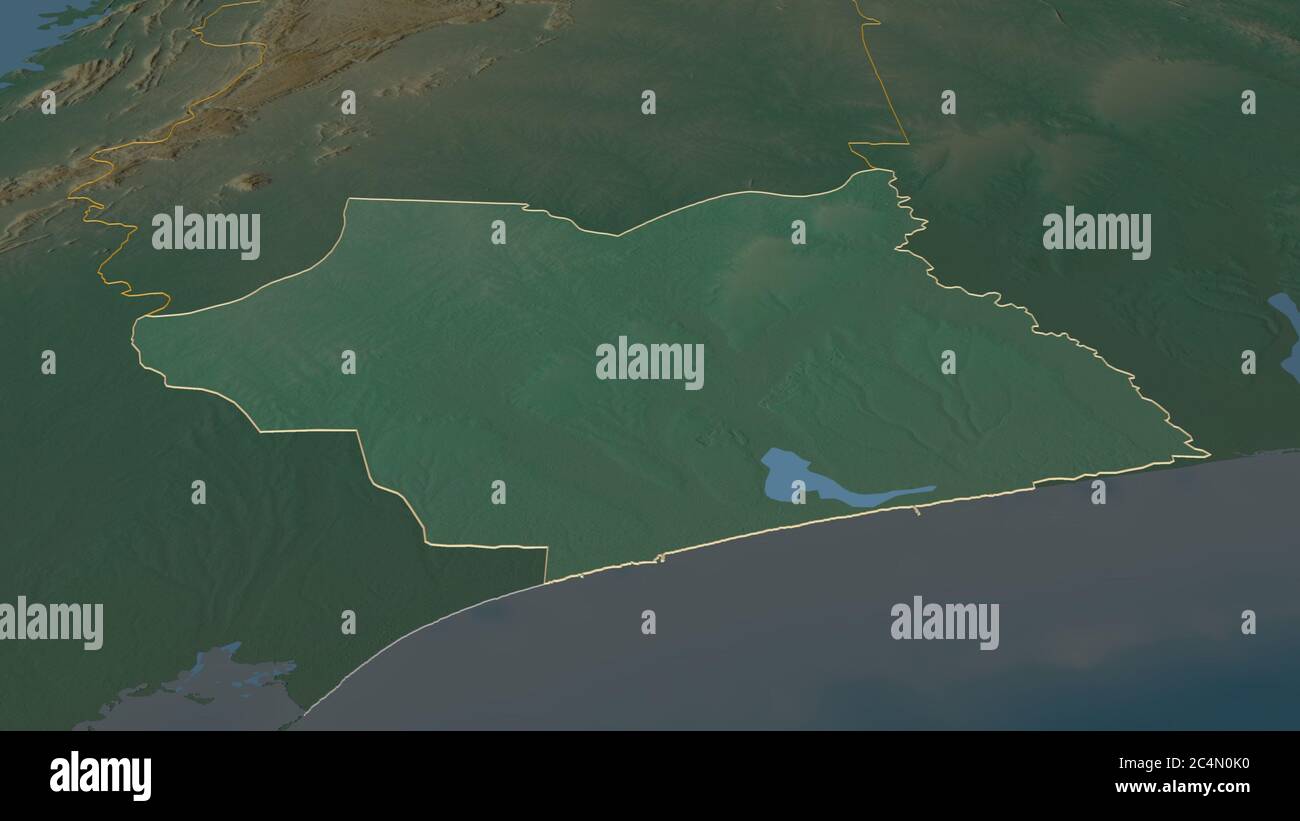 Zoom in on Maritime (region of Togo) outlined. Oblique perspective ...