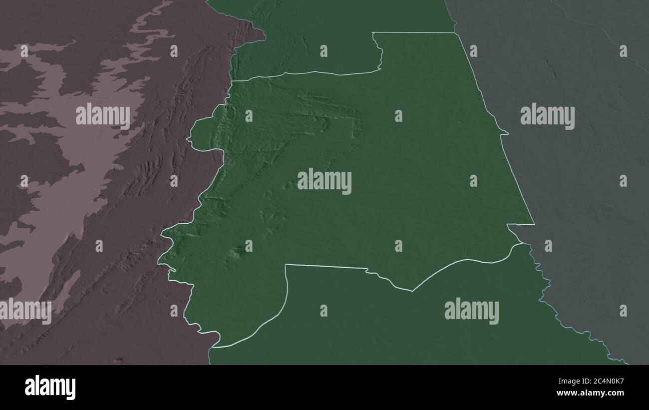 Zoom in on Plateaux (region of Togo) outlined. Oblique perspective ...